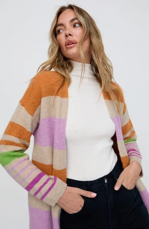 RAFFYA Long Line Rugby Stripe Cardigan