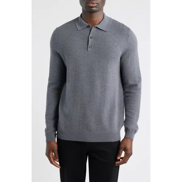 BOSS Diluigi Long Sleeve Virgin Wool Blend Polo Sweater - Grey