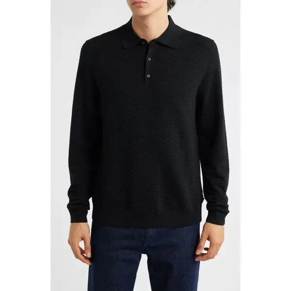 BOSS Diluigi Long Sleeve Virgin Wool Blend Polo Sweater - Black