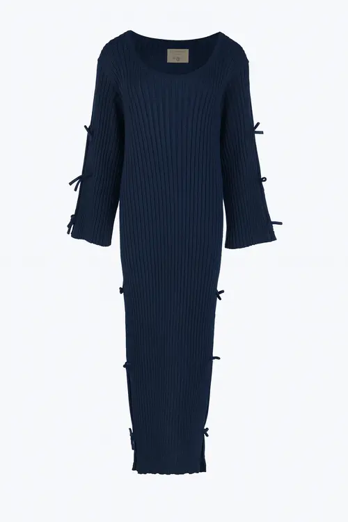 Alexandra Bueno Ribbed Knit Midi Dress With Bow Detail - Navy