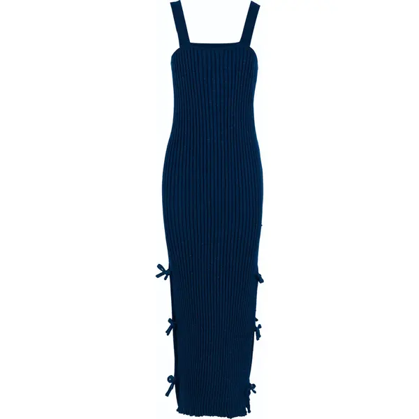 Alexandra Bueno Ribbed Knit Midi Dress With Bow Detail - Navy