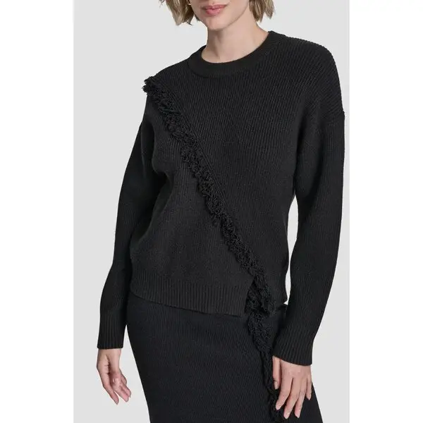 Dkny Fringe Detail Ribbed Crewneck Sweater - Black