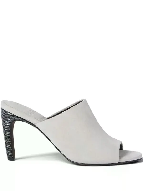 Brunello Cucinelli Suede Open-toe Heeled Mules With Monili Embroidery - Grey
