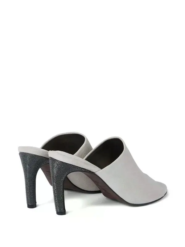 Brunello Cucinelli Suede Open-toe Heeled Mules With Monili Embroidery - Grey