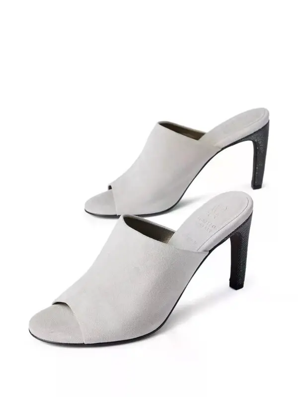 Brunello Cucinelli Suede Open-toe Heeled Mules With Monili Embroidery - Grey