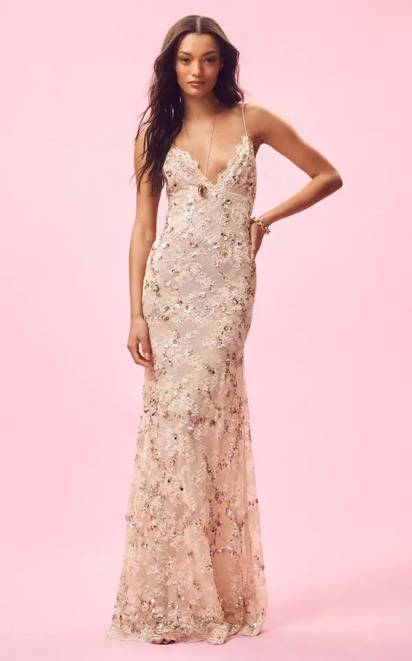 Loveshackfancy Innes Sequined Lace Dress - Gold | Editorialist