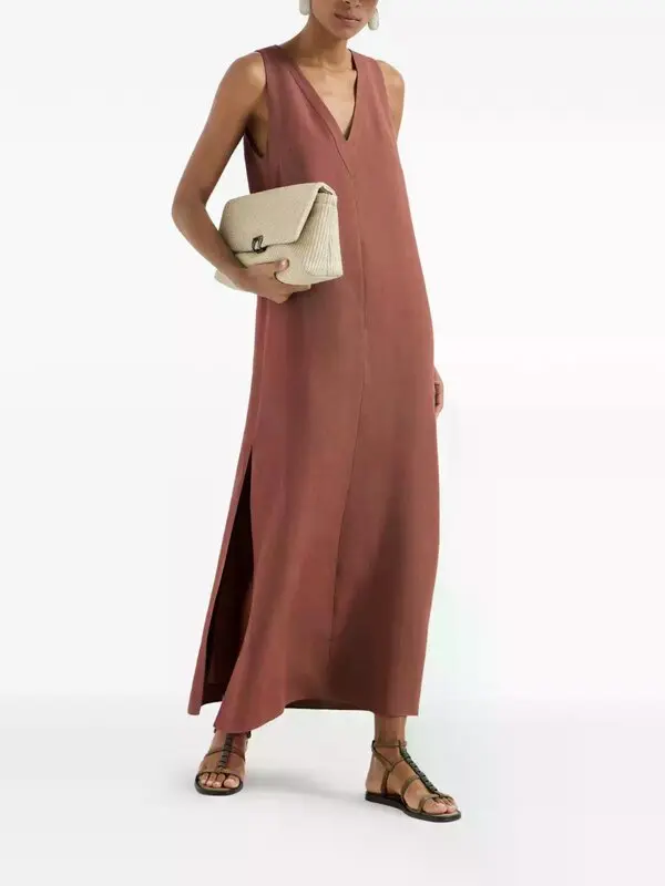 Brunello Cucinelli V-neck Monili-detail Midi Dress - Orange