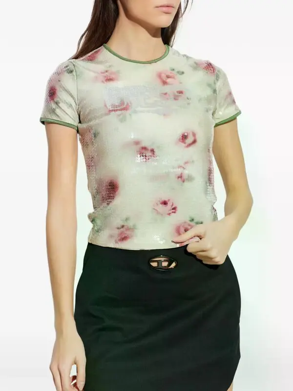 DIESEL® Skinny Fit Sequined Floral Print Top - Neutrals