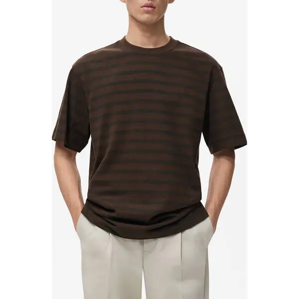 Mango Stripe Relaxed Fit Cotton Crewneck Shirt - Medium Brown