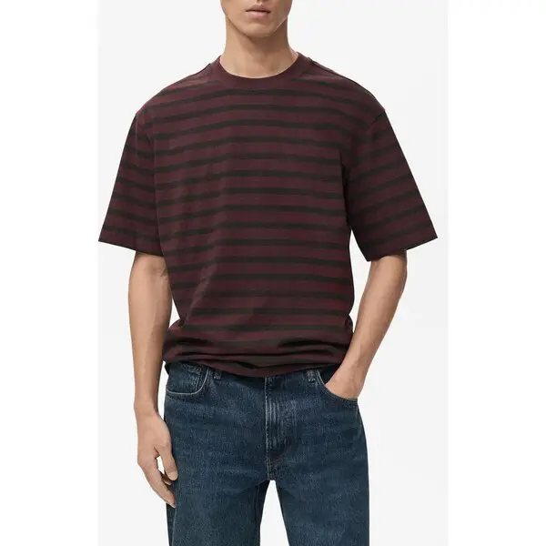 Mango Stripe Relaxed Fit Cotton Crewneck Shirt - Wine