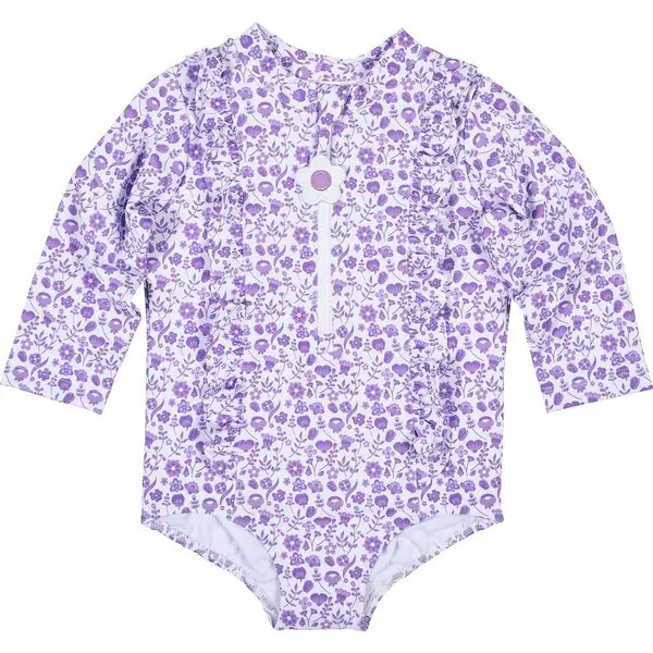 FLORENCE EISEMAN Floral Print Rashguard With Ruffles - Purple/white