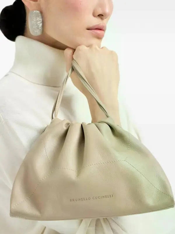 Brunello Cucinelli Leather Shoulder Bag With Monili Detail - Neutrals