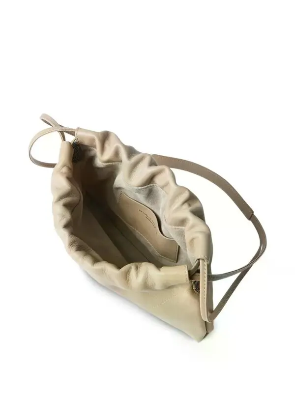 Brunello Cucinelli Leather Shoulder Bag With Monili Detail - Neutrals