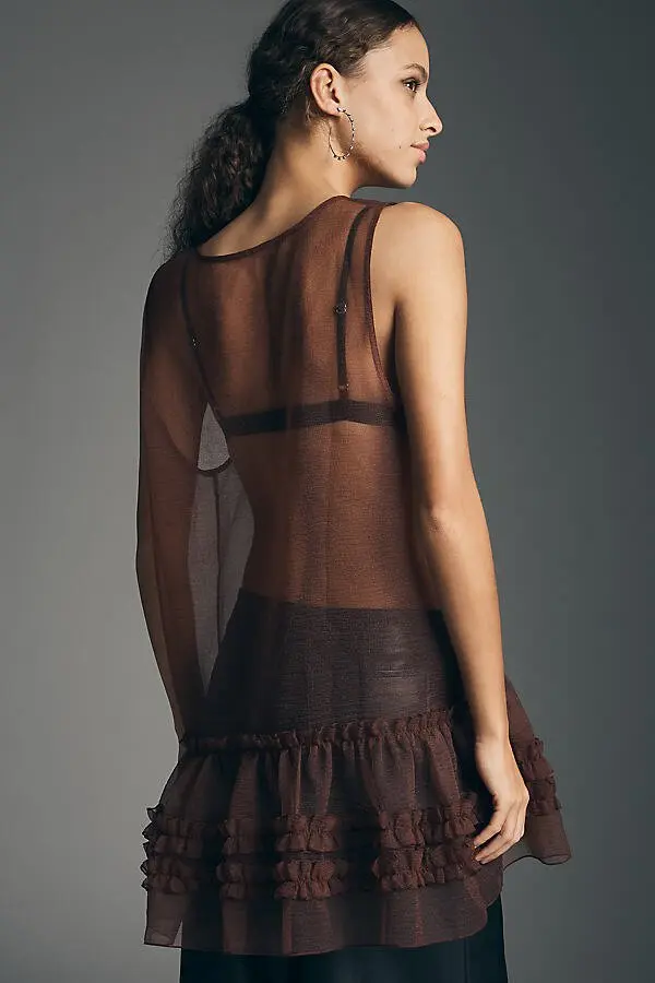 LAYERED Sheer Ruffle Tunic Top - Brown
