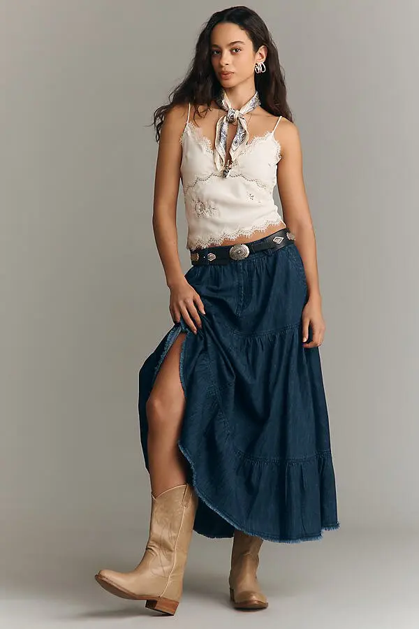 PILCRO Cotton Tiered Denim Maxi Skirt