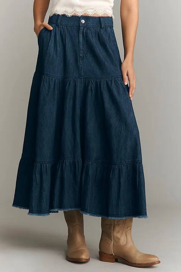PILCRO Cotton Tiered Denim Maxi Skirt