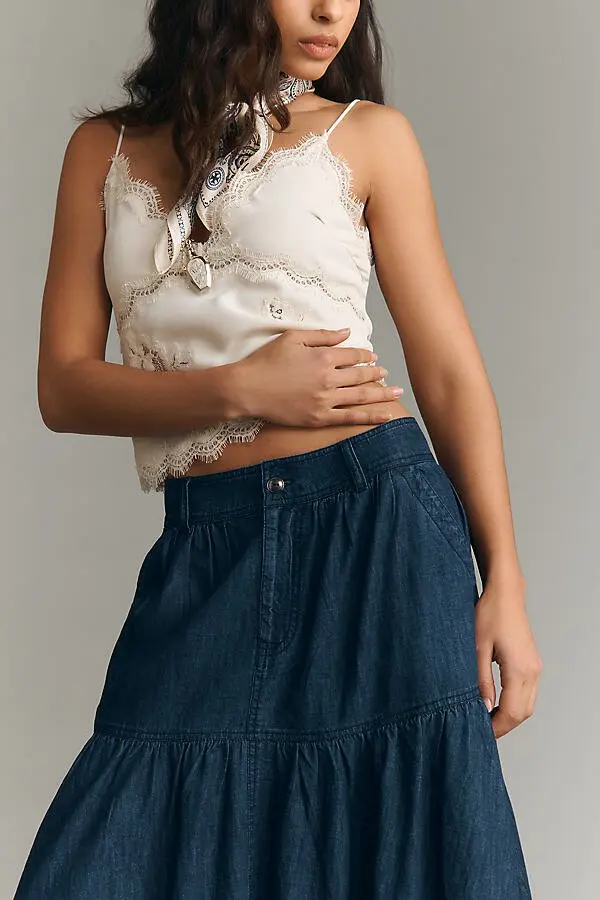 PILCRO Cotton Tiered Denim Maxi Skirt