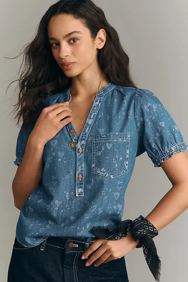 PILCRO Aly Denim Puff-sleeve Heart Blouse - Medium Denim