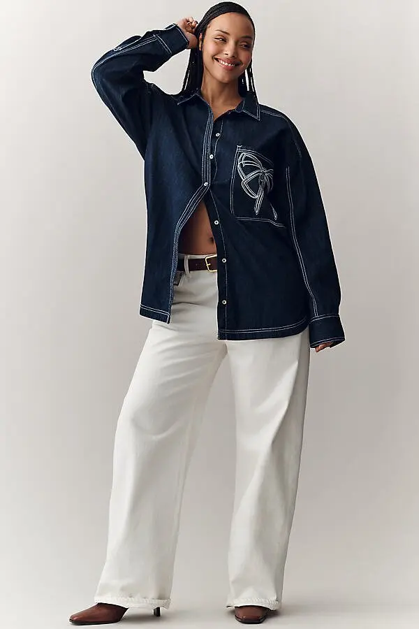 PILCRO Denim Long-sleeve Embroidered Bow Buttondown Shirt