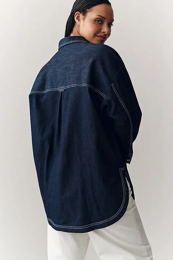 PILCRO Denim Long-sleeve Embroidered Bow Buttondown Shirt