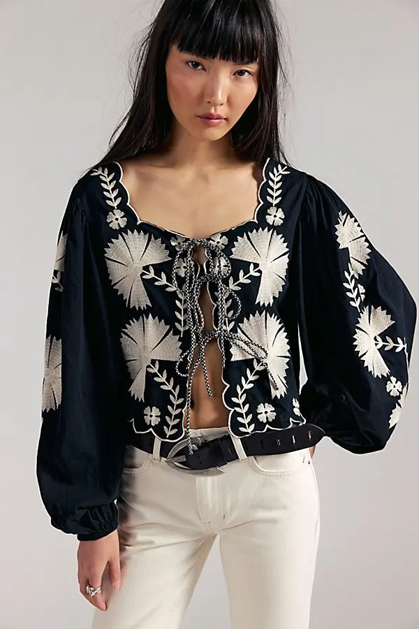 Free People Anise Embroidered Blouse - Black Combo