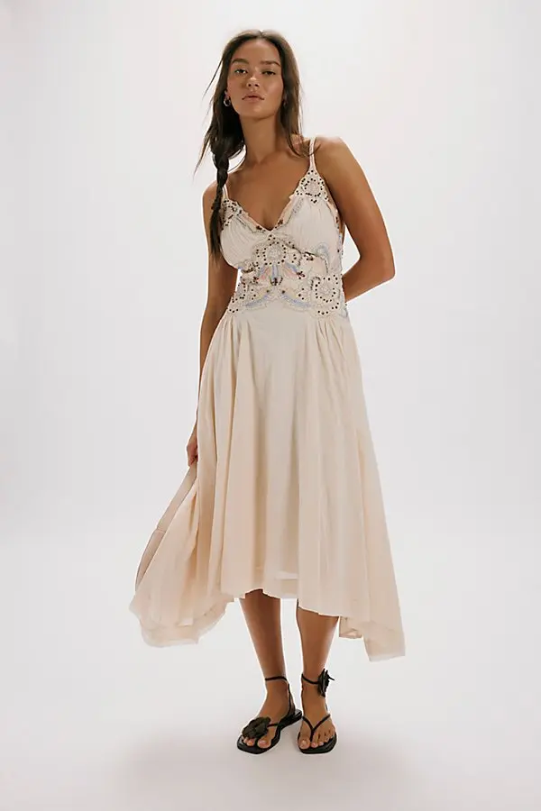 Free People Embroidered V-neck Midi Dress - Blush Combo