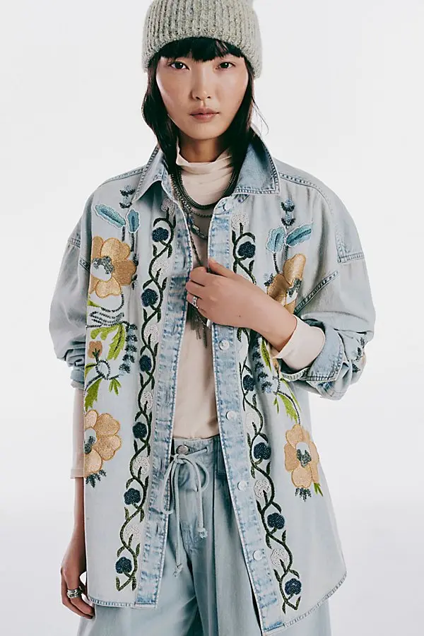 Free People Denim Button-down With Embroidery