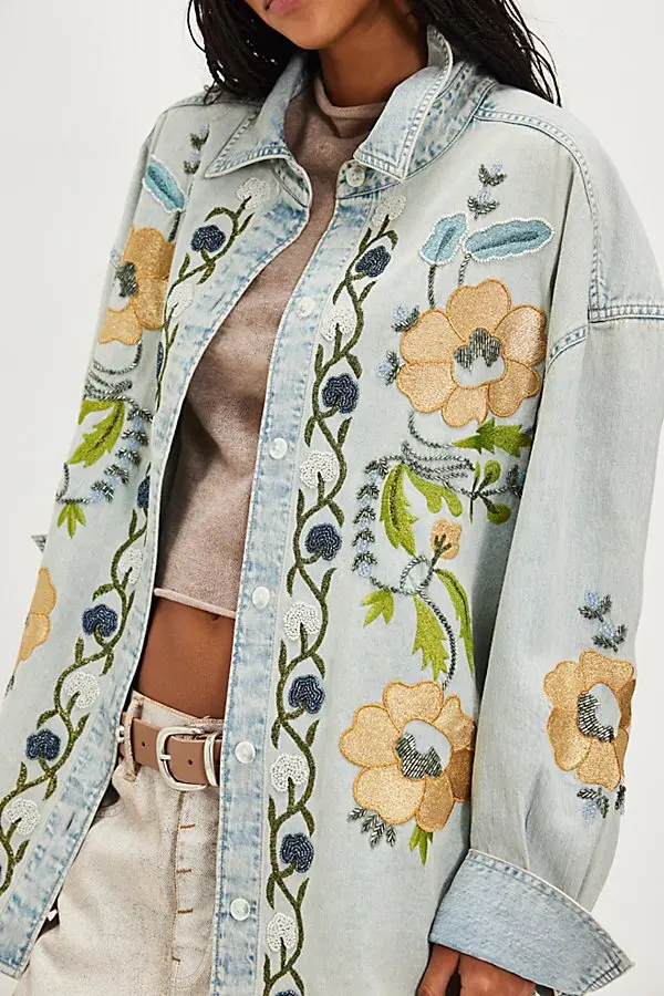 Free People Denim Button-down With Embroidery