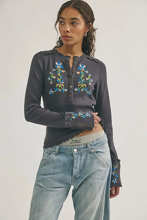 Free People Fleur Embroidered Cuff Henley - Graphite Combo