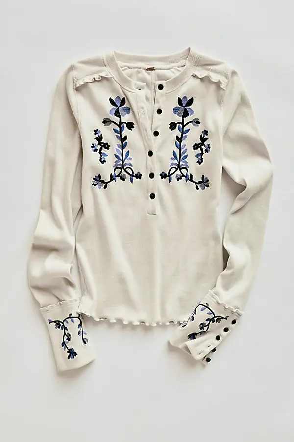 Free People Embroidered Cuff Henley - Tea Cookie