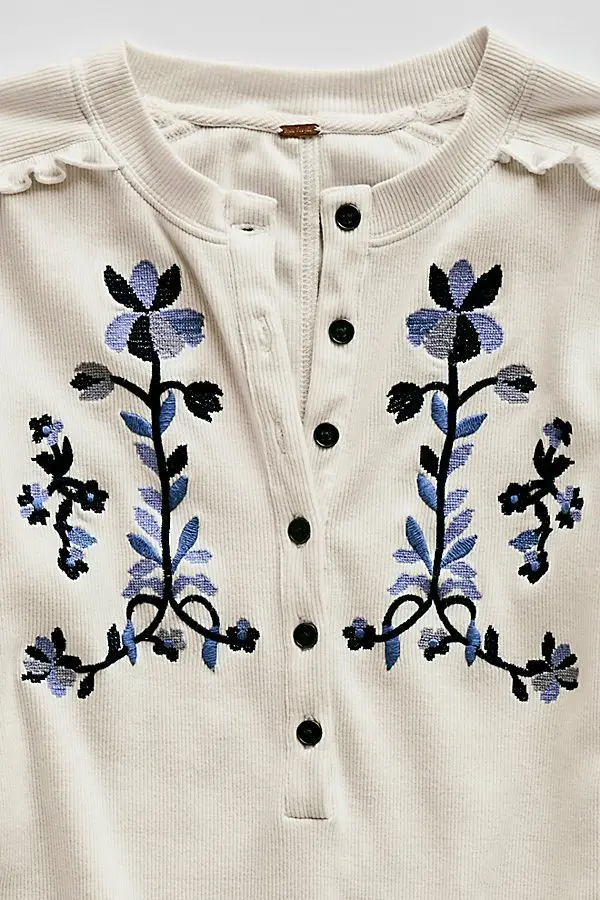 Free People Embroidered Cuff Henley - Tea Cookie