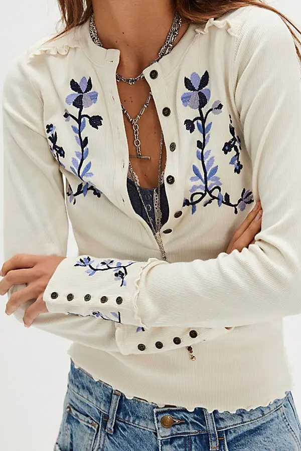 Free People Embroidered Cuff Henley - Tea Cookie