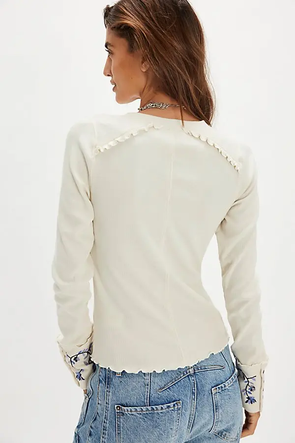 Free People Embroidered Cuff Henley - Tea Cookie