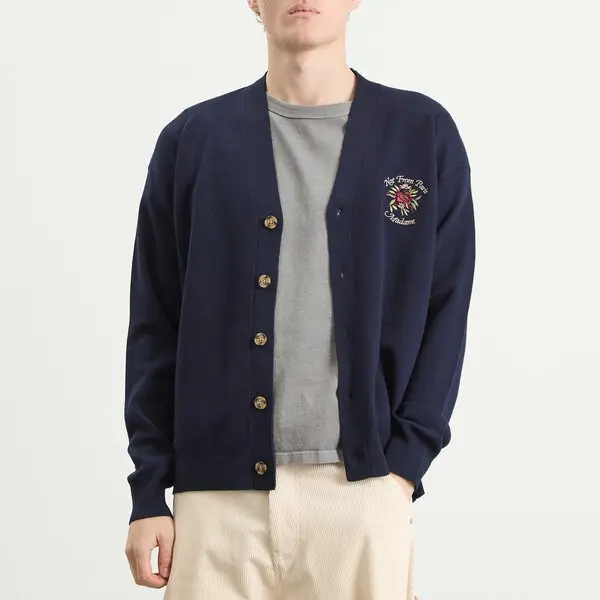 Drole De Monsieur Rose Slogan Merino Wool Cardigan - Navy