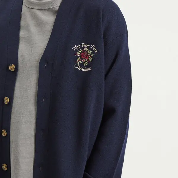 Drole De Monsieur Rose Slogan Merino Wool Cardigan - Navy