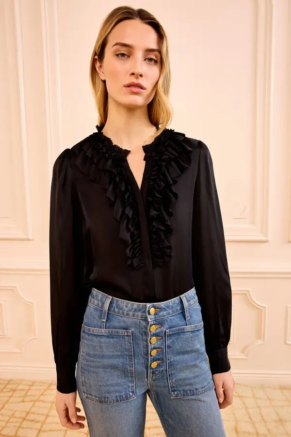 Ulla Johnson Rouen Silk Ruffle Blouse - Noir