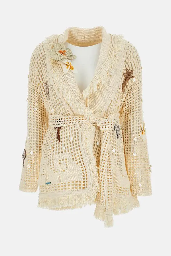 Alanui Long Cardigan With Pins And Mother-of-pearl Details - Beige