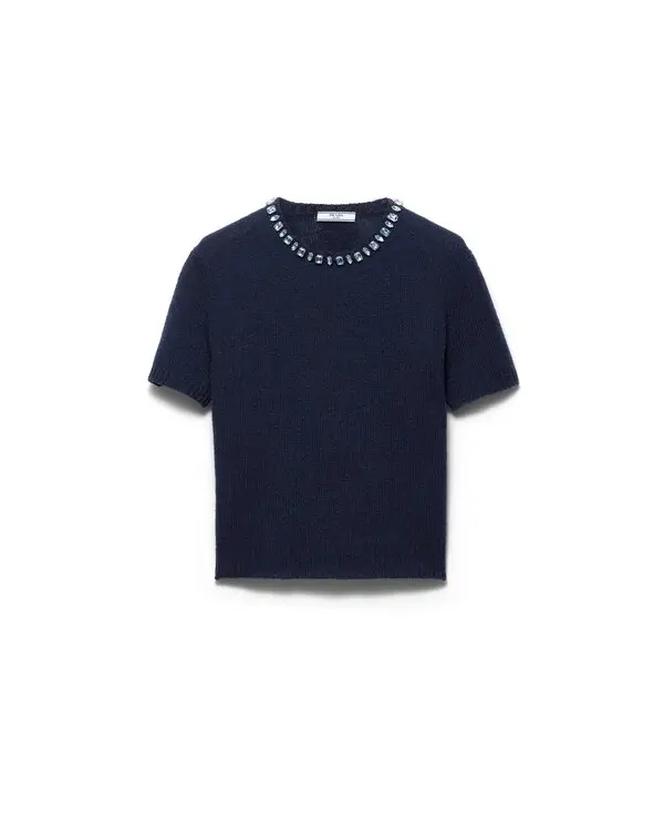 Prada Wool And Cashmere Crew-neck Sweater With Jewel Embellishment - Navy