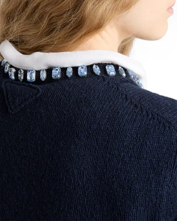 Prada Wool And Cashmere Crew-neck Sweater With Jewel Embellishment - Navy