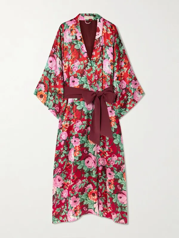 Olivia Von Halle Queenie Belted Floral-print Silk-satin Robe - Multi