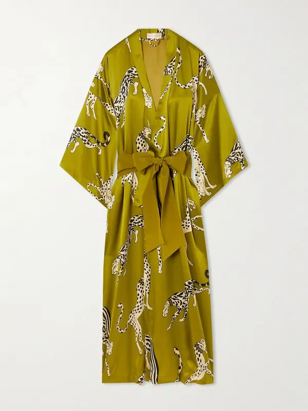 Olivia Von Halle Queenie Belted Printed Silk-satin Robe - Yellow