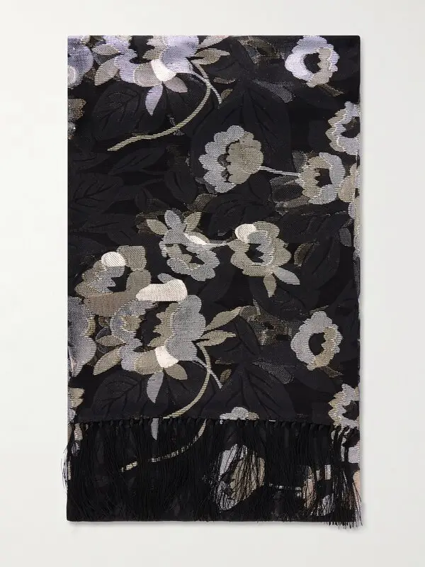Valentino Garavani Fringed Floral-jacquard Silk-blend Scarf - Black