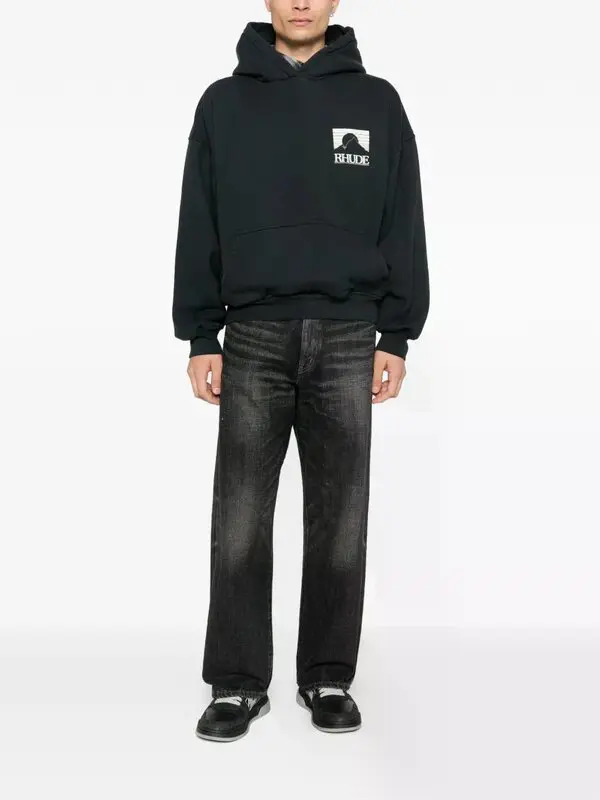 Rhude Graphic Print Drawstring Hoodie - Black