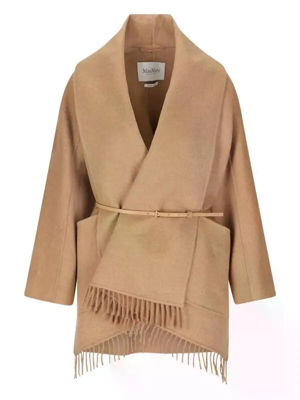 Max Mara Wool Coat With Fringed Hem And Shawl Collar - Neutrals