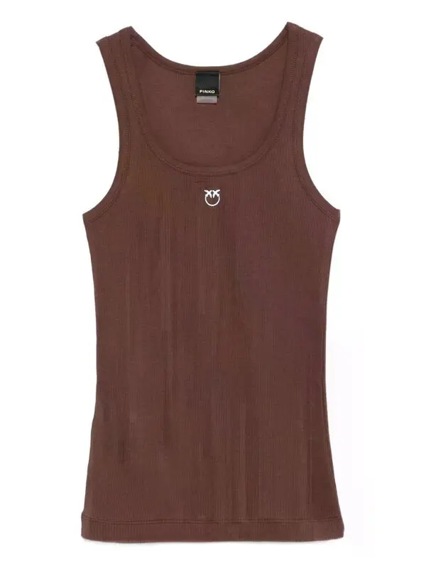 Pinko Ribbed Cotton Tank Top With Golden Logo Detail - Brown