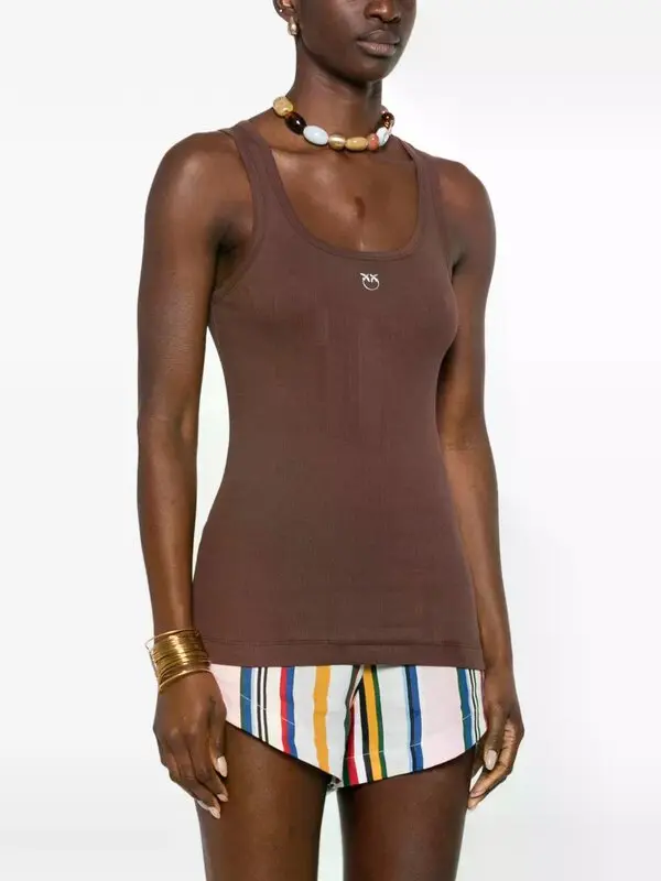 Pinko Ribbed Cotton Tank Top With Golden Logo Detail - Brown