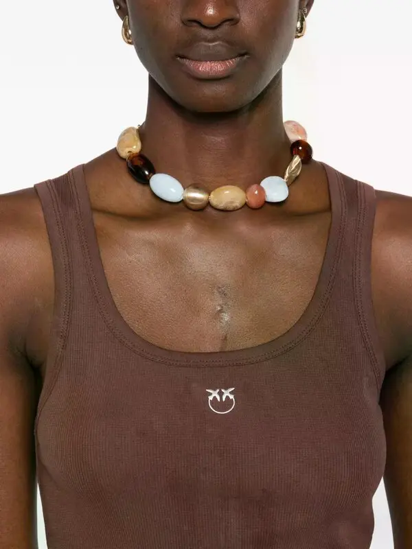 Pinko Ribbed Cotton Tank Top With Golden Logo Detail - Brown