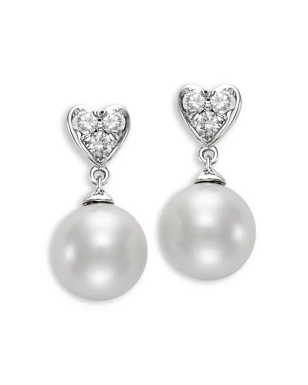 Bloomingdale'S Cultured Freshwater Pearl & Diamond Heart Drop Earrings - White