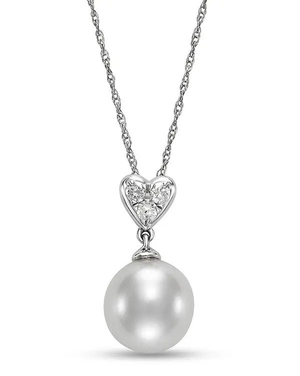 Bloomingdale'S 14k Gold Freshwater Pearl And Diamond Heart Pendant Necklace - White