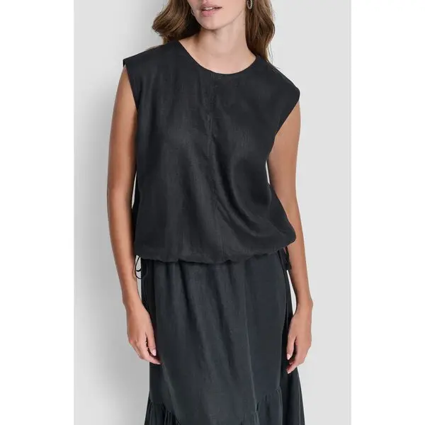 Dkny Drawstring Hem Linen Top - Black